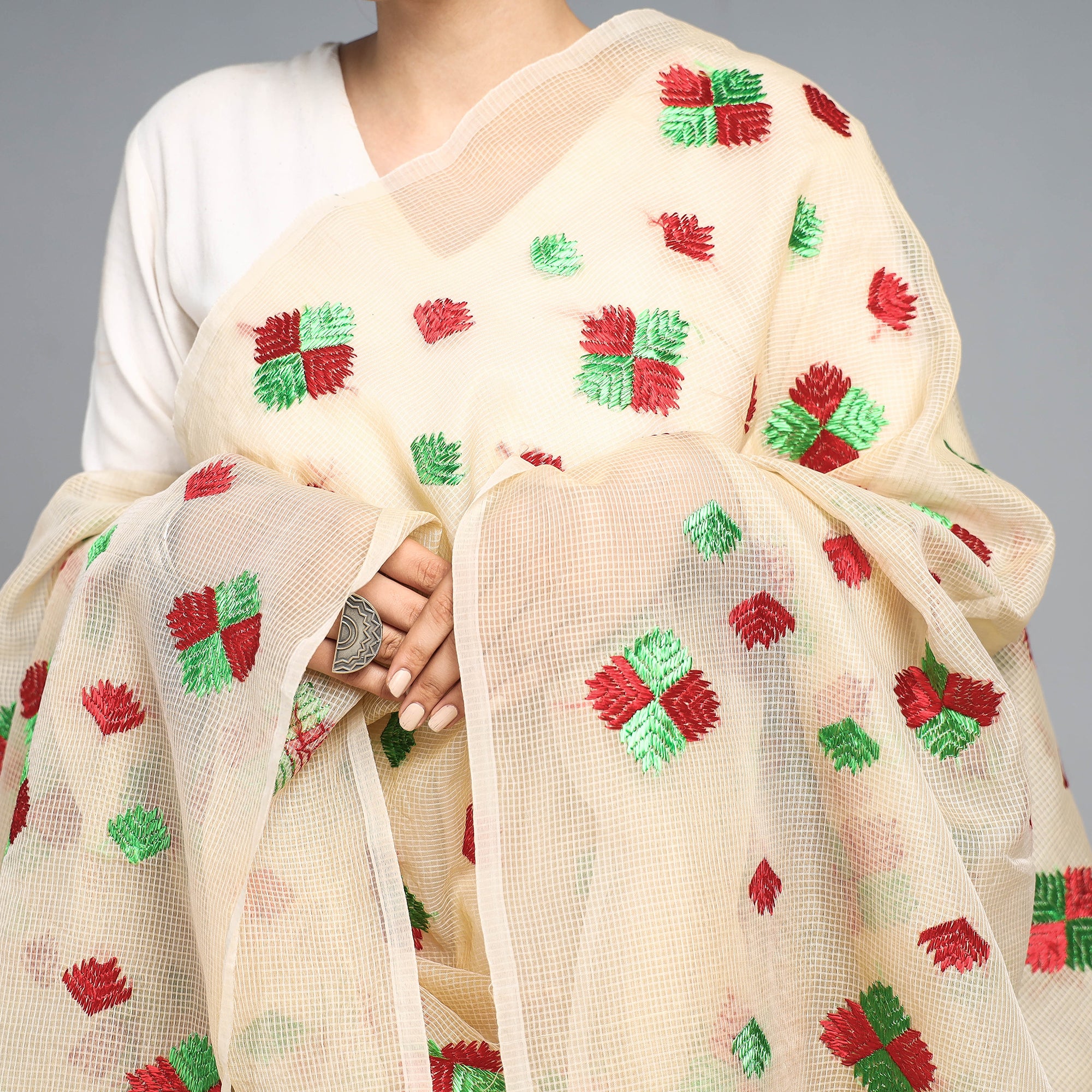 Phulkari Hand Embroidery Kota Doria Chanderi Silk Dupatta with Tassels ...