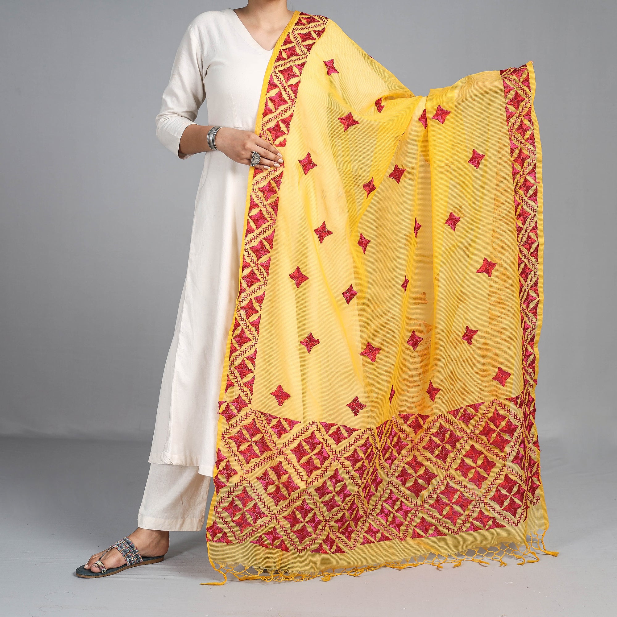 Phulkari Hand Embroidery Kota Doria Chanderi Silk Dupatta with Tassels ...