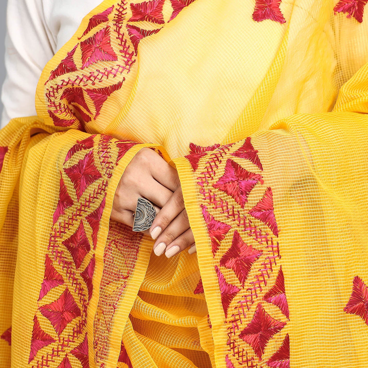Phulkari Hand Embroidery Kota Doria Chanderi Silk Dupatta with Tassels ...
