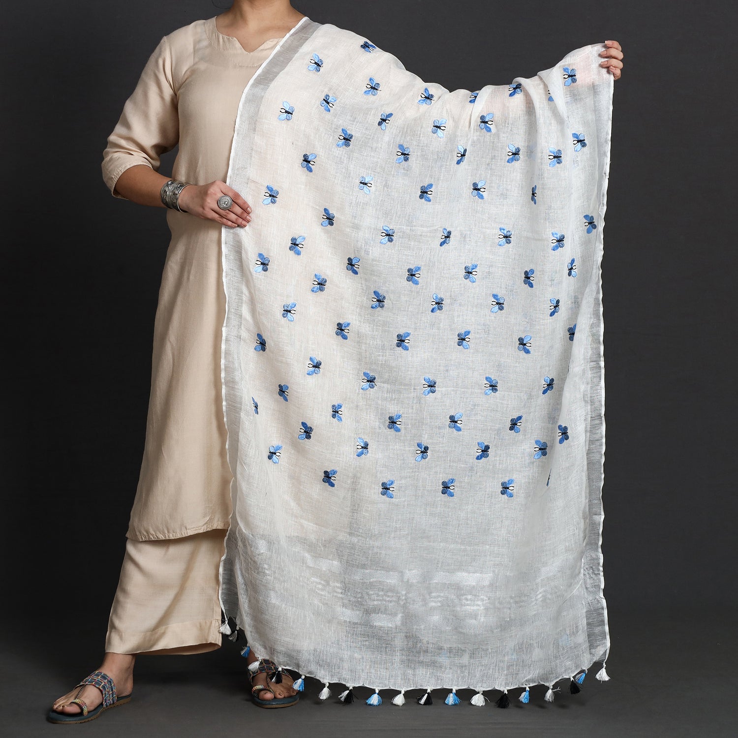 pure linen hand embroidery dupatta with tassels pure linen hand ...
