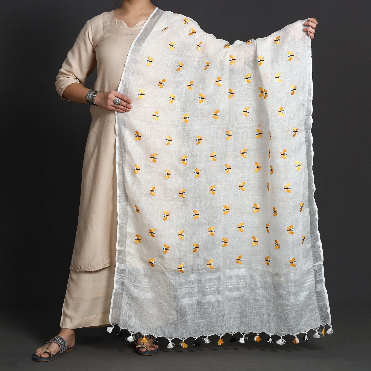 pure linen hand embroidery dupatta with tassels pure linen hand ...
