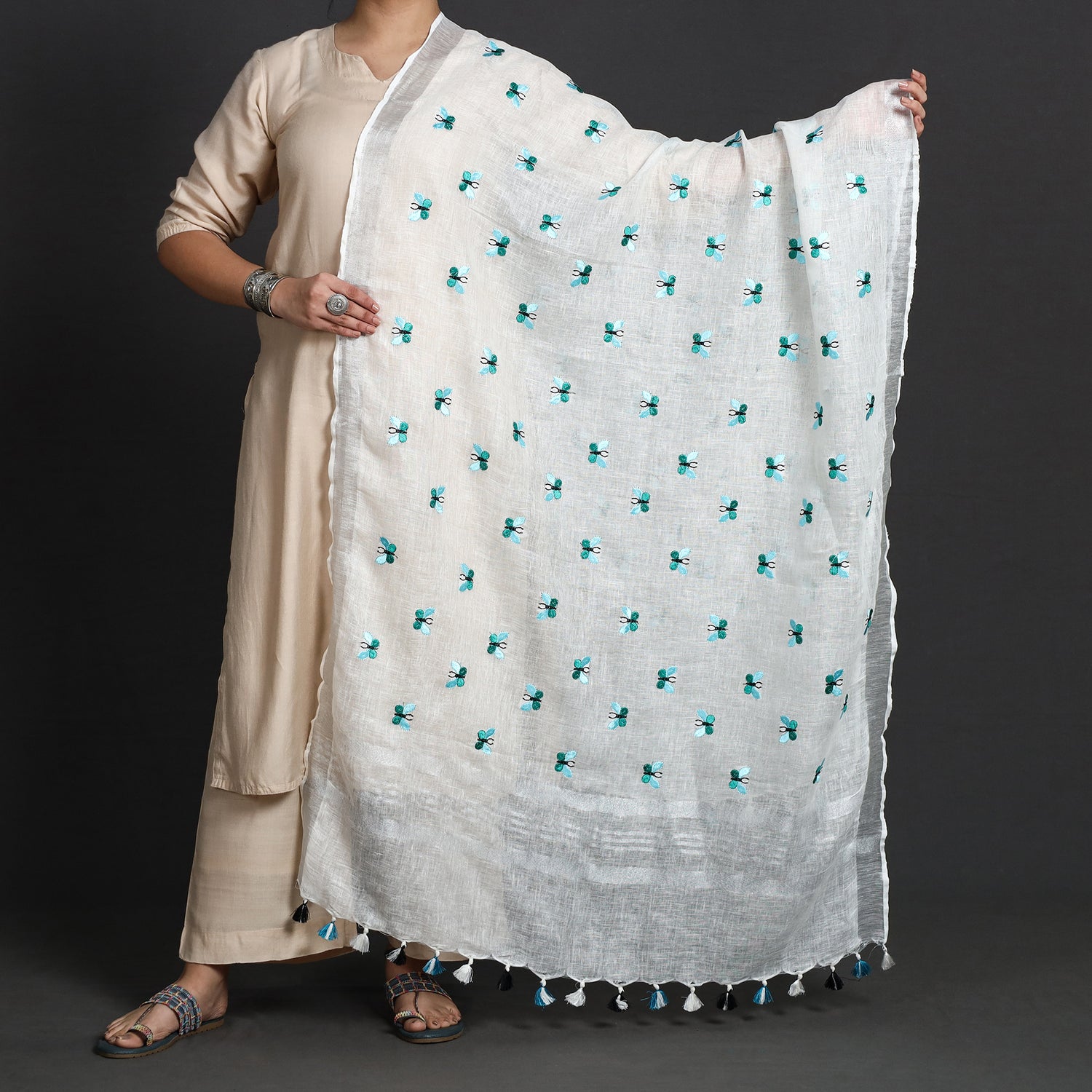 pure linen hand embroidery dupatta with tassels pure linen hand ...