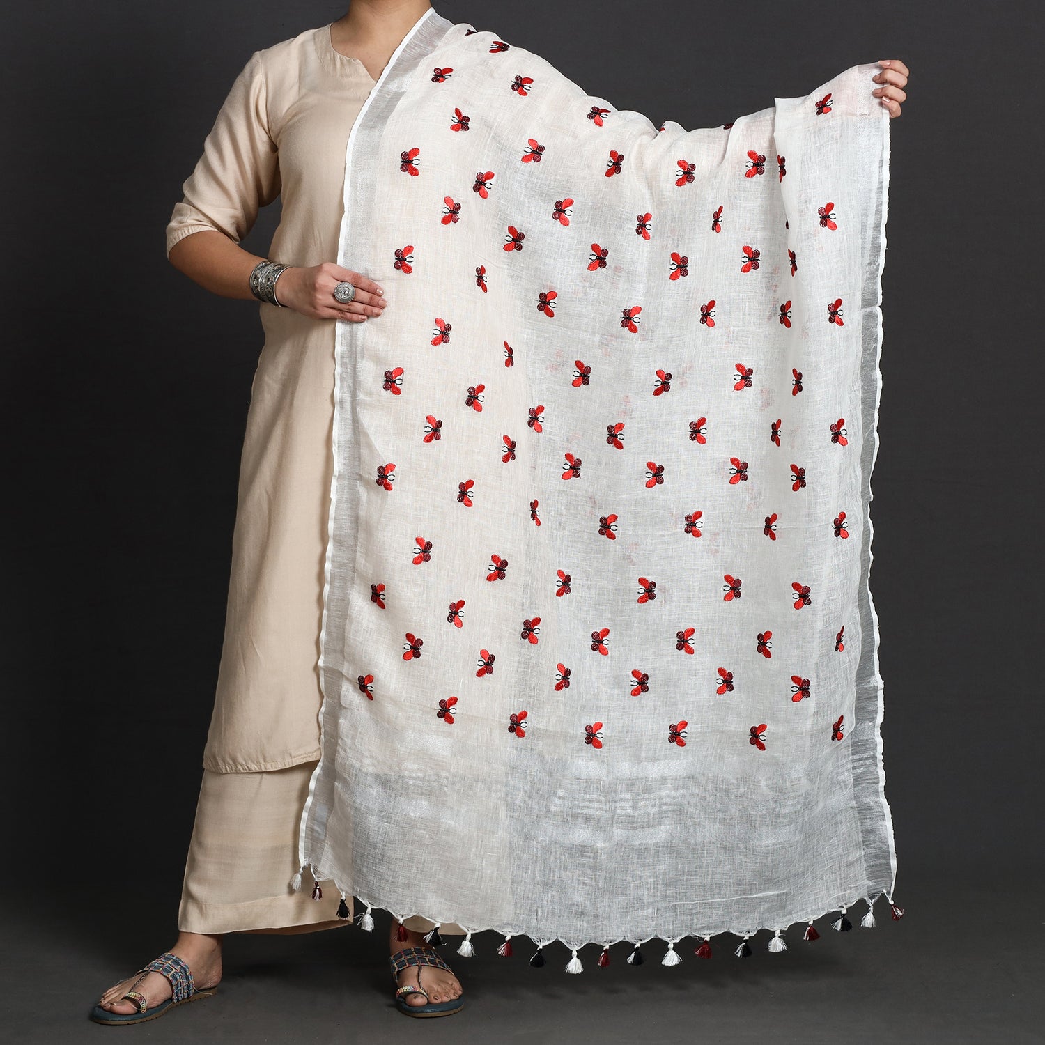pure linen hand embroidery dupatta with tassels pure linen hand ...