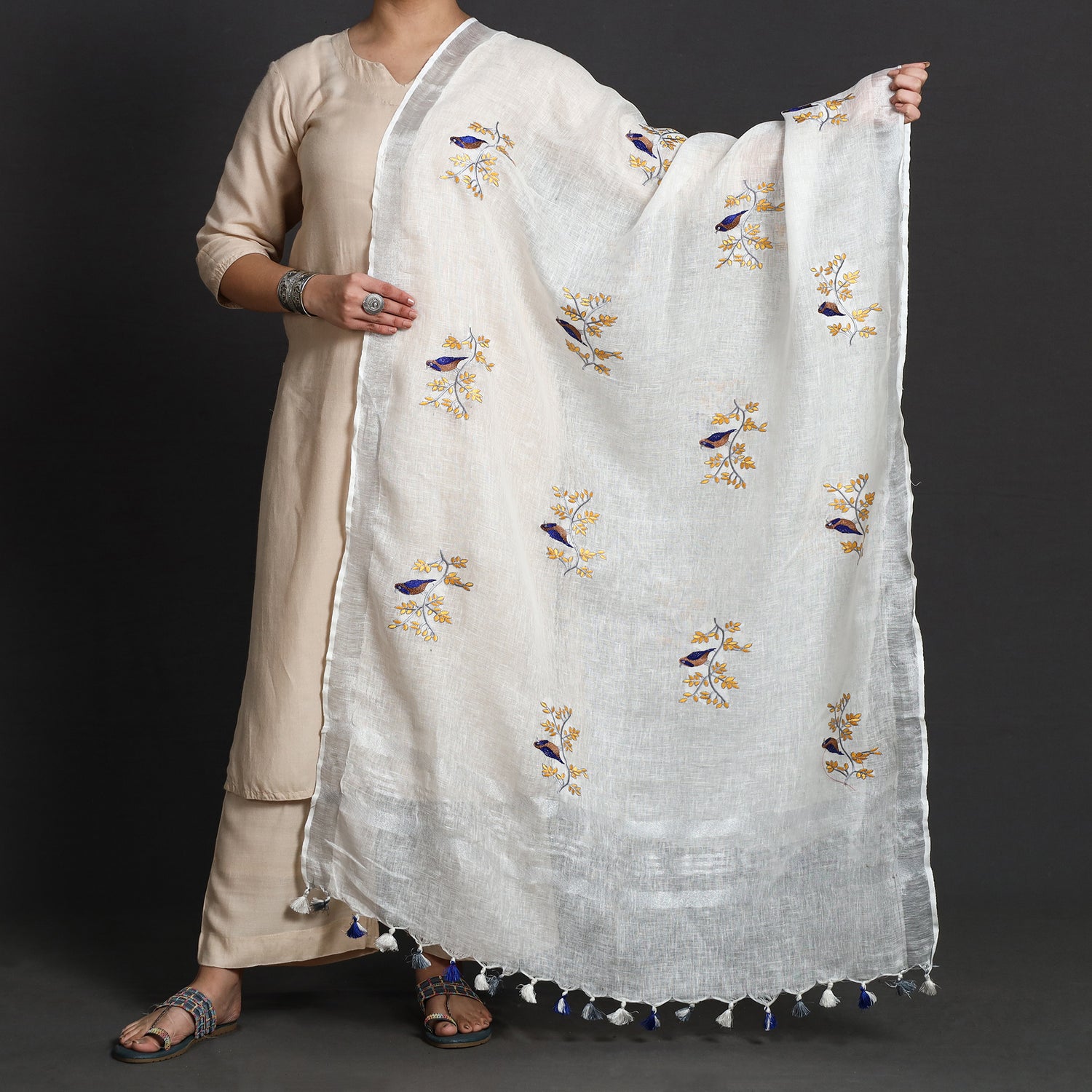 pure linen hand embroidery dupatta with tassels pure linen hand ...