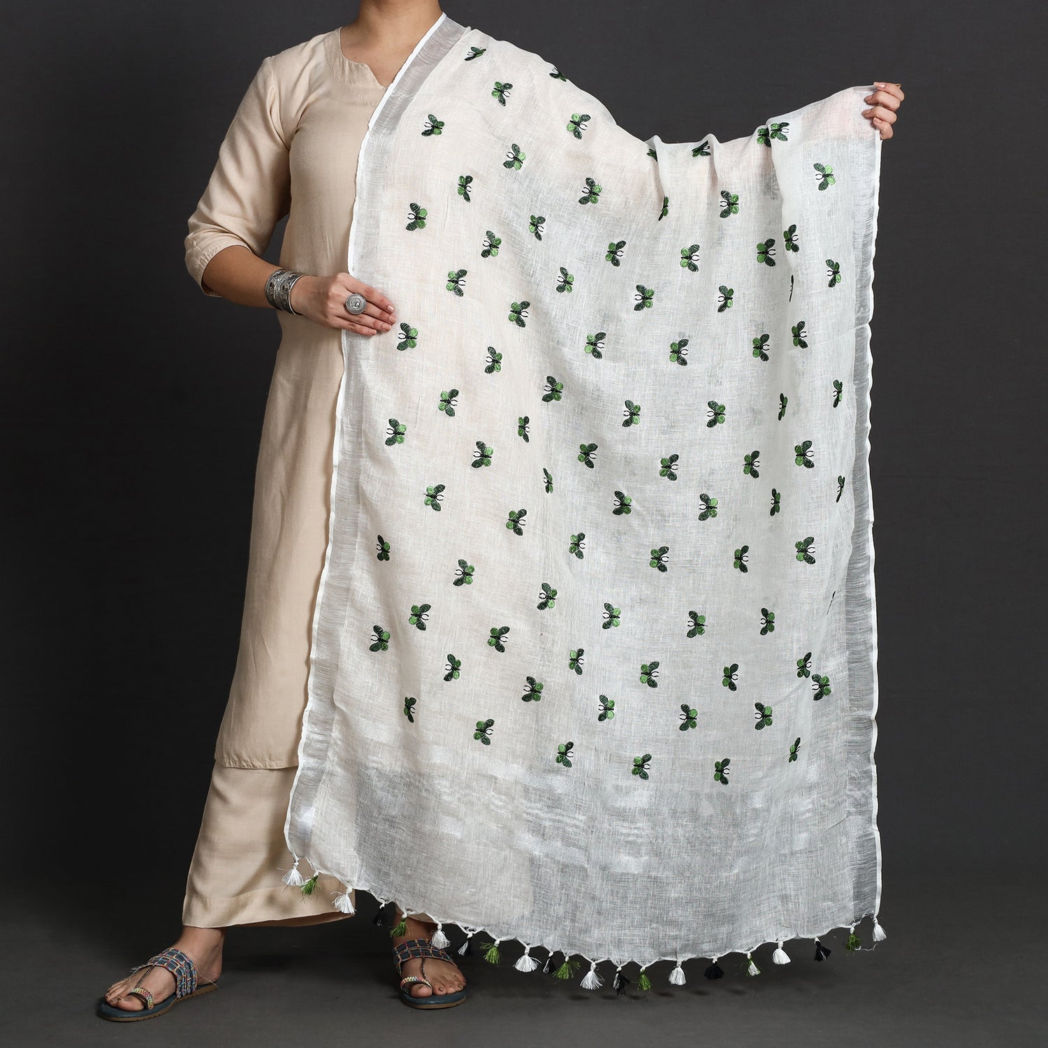 pure linen hand embroidery dupatta with tassels pure linen hand ...