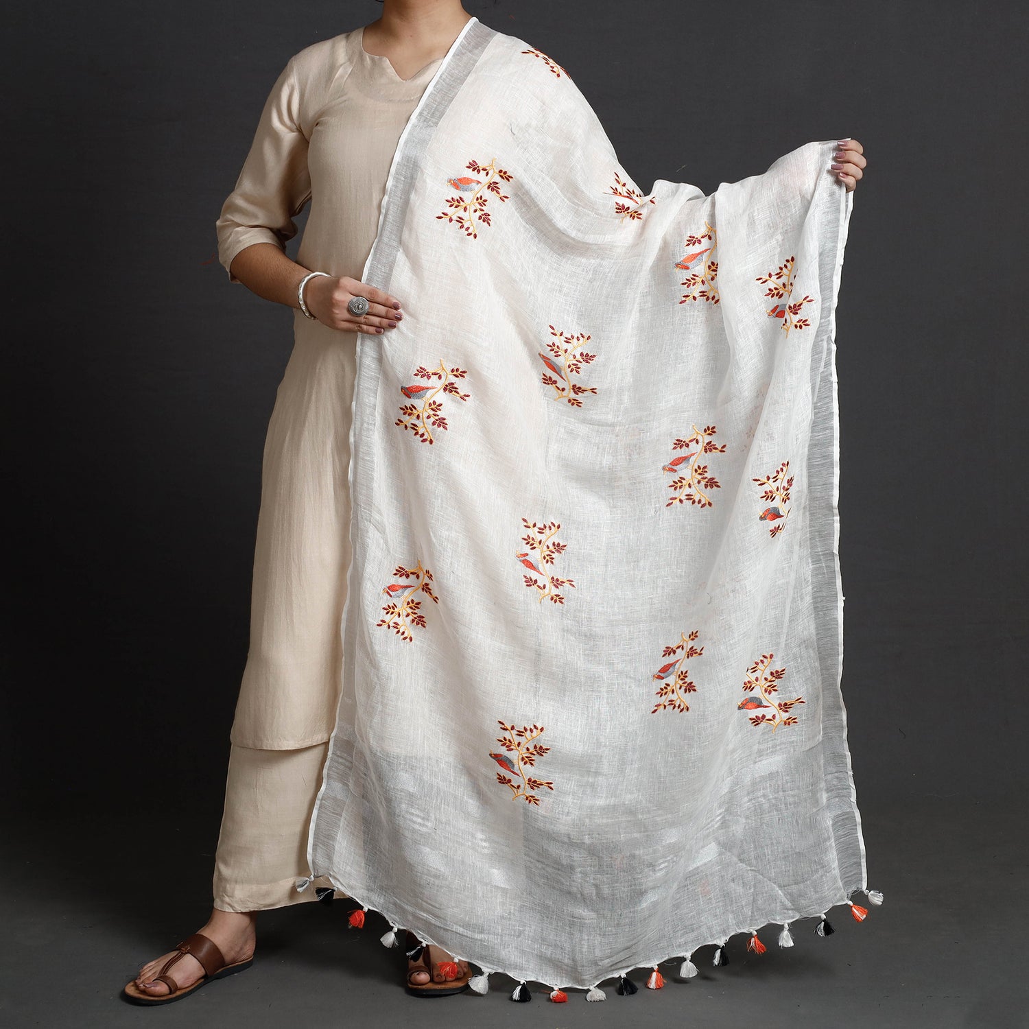 pure linen hand embroidery dupatta with tassels pure linen hand ...
