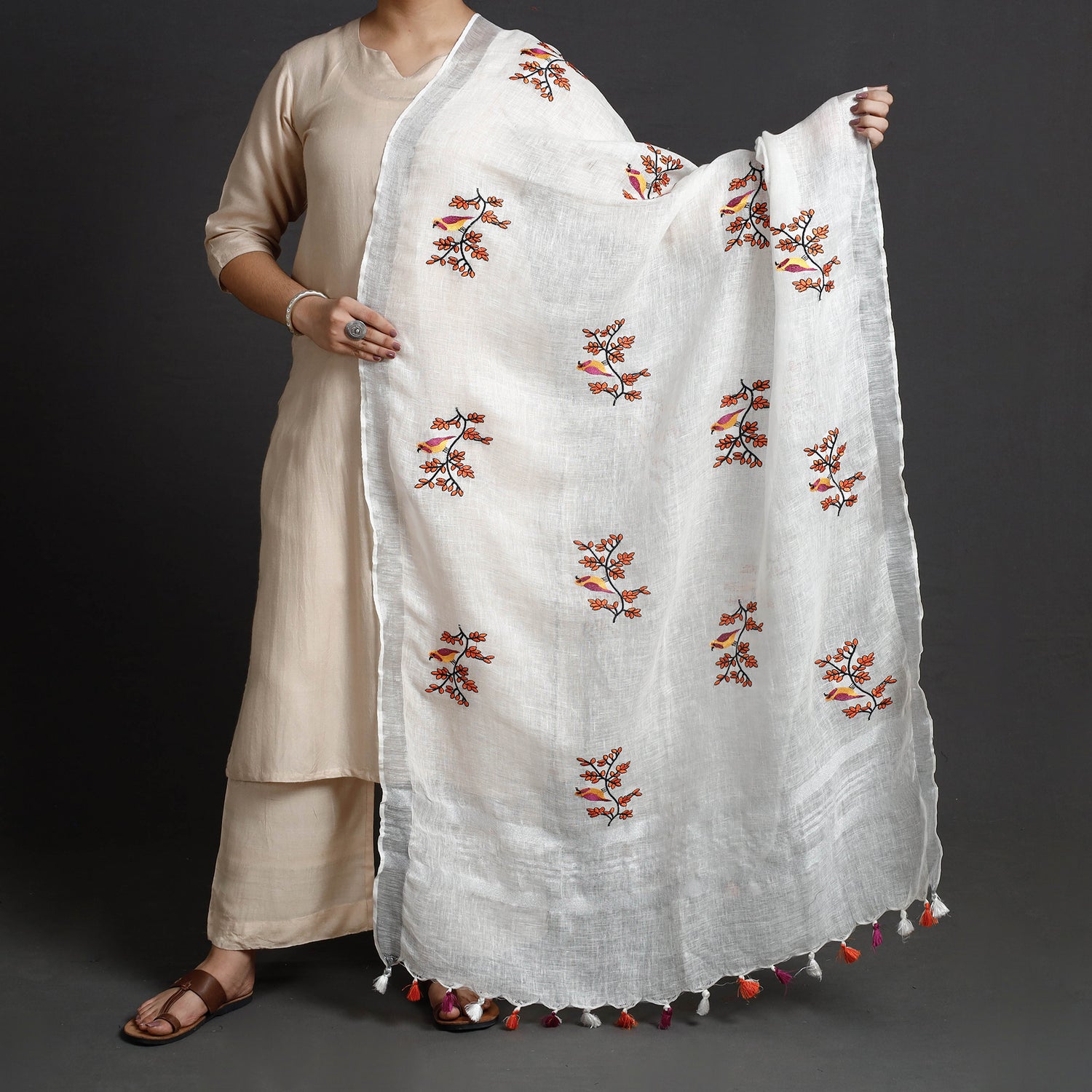 pure linen hand embroidery dupatta with tassels pure linen hand ...