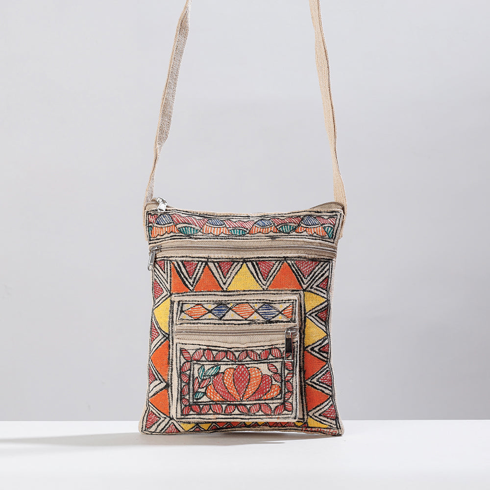 Buy Madhubani Handpainted Jute Cotton Sling Bag Online at iTokri.com - iTokri आई.टोकरी