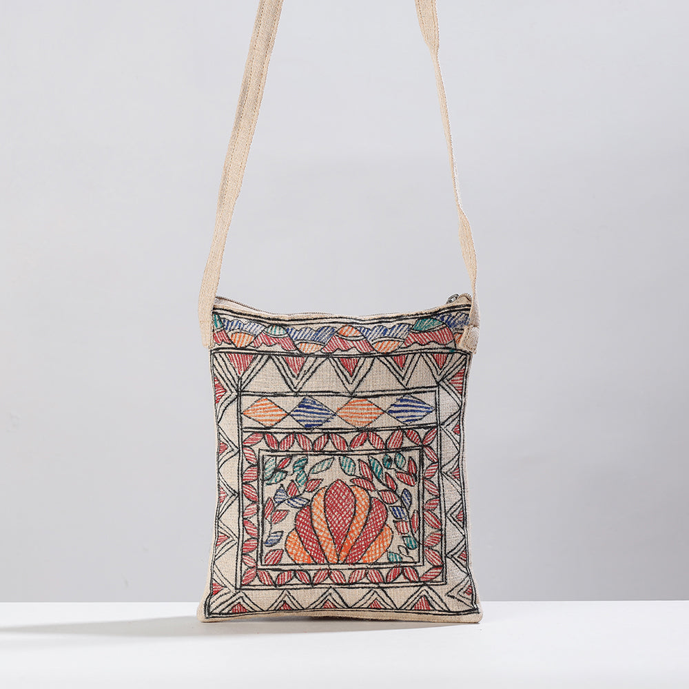 Buy Madhubani Handpainted Jute Cotton Sling Bag Online at iTokri.com - iTokri आई.टोकरी